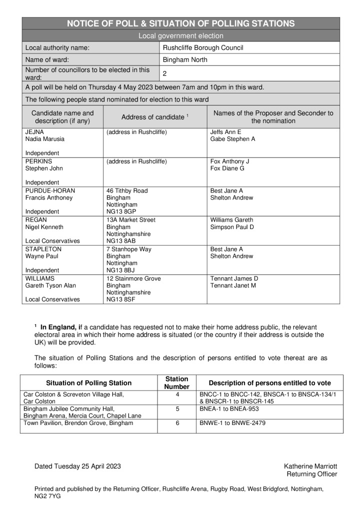 Notice of Poll - Bingham North and Bingham South - Bingham Town Council