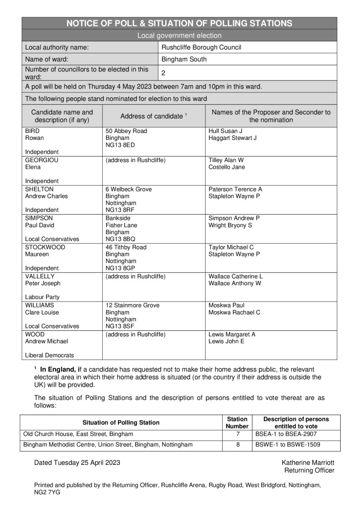 Notice of Poll - Bingham North and Bingham South - Bingham Town Council